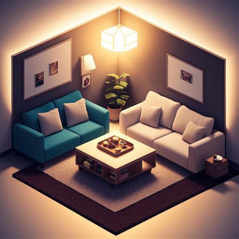 Premium Photo Tiny Cute Isometric Livingroom With Soft Smooth Lighting 3d Blender Render