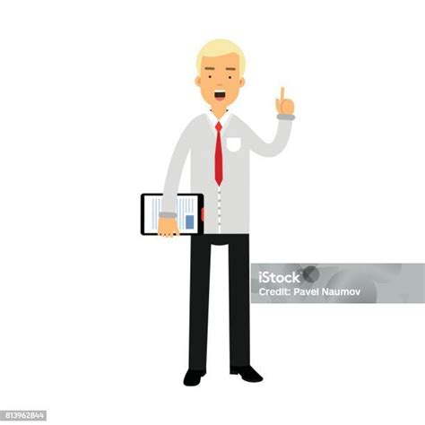 비즈니스 맨 만화 캐릭터 서 메모장 얘기 하 고 제기 검지 벡터 일러스트 레이 션으로 손 제스처를 보여주는 기업 재무와 산업에 대한 스톡 벡터 아트 및 기타 이미지 Istock