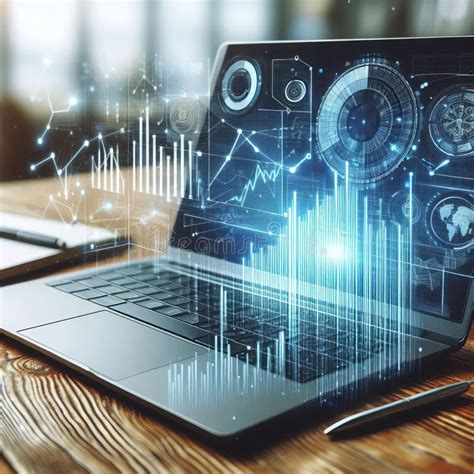 laptop displaying futuristic data analysis and digital interfaces stock