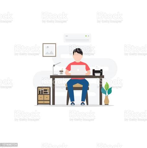 랩톱 컴퓨터에서 일하는 청년 작업 에서 홈 컨셉 디자인 벡터 일러스트 가정의 방에 대한 스톡 벡터 아트 및 기타 이미지