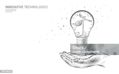 손 들고 전구 램프 절약 에너지 생태 개념 다각형 푸른 새싹 작은 식물 묘 목 내부 전기 녹색 에너지 힘 기치 벡터 일러스트 배경 주제에 대한 스톡 벡터 아트 및 기타