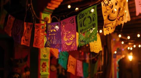 Colorful Papel Picado Skull Banners And String Lights Decorate Stock