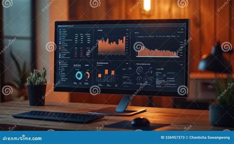 Modern Workspace With A Computer Displaying Data Visualizations And Graphs Illuminated In A