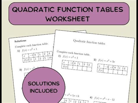 Quadratic Function Table Worksheet Free Printable