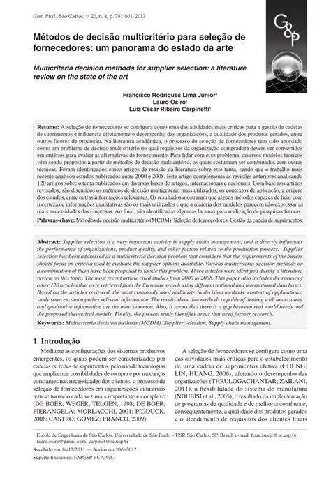 Pdf Multicriteria Decision Methods For Supplier Selection A Literature Review On The State Of