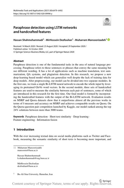 Paraphrase Detection Using Lstm Networks And Handcrafted Features Request Pdf