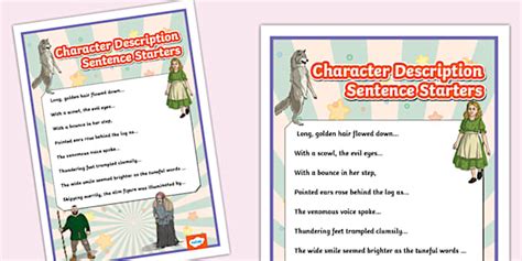Character Description Sentence Starters Display Poster