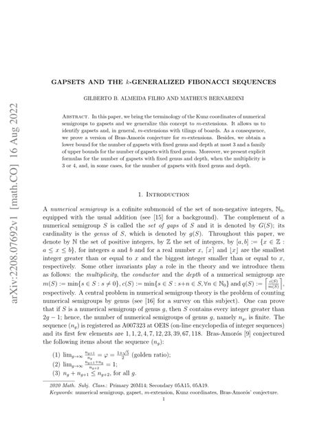 PDF Gapsets And The K Generalized Fibonacci Sequences