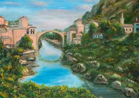 Картина «Старый пешеходный мост Мостар в Боснии и Герцеговине ДВП Оргалит Масло 2022 г