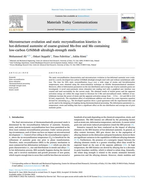 Pdf Microstructure Evolution And Static Recrystallization Kinetics In Hot Deformed Austenite