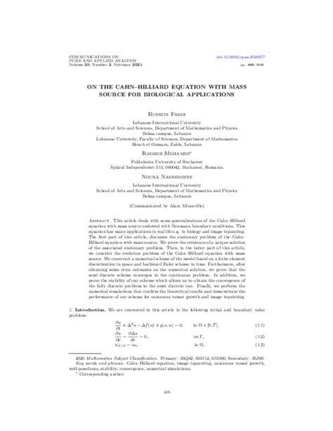 Pdf On The Cahn Hilliard Equation With Mass Source For Biological