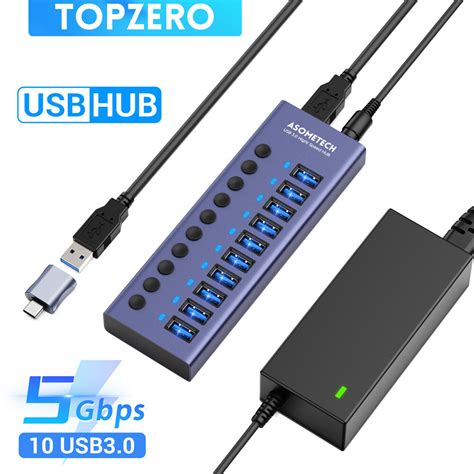 TOPZERO Port USB Hub USB Hub Multi USB Splitter Gbps Speed W V A Power