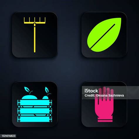 세트 가든 장갑 정원 갈퀴 과일과 채소와 잎을위한 나무 상자 검은 색 사각형 버튼 벡터 갈퀴에 대한 스톡 벡터 아트 및 기타 이미지 Istock