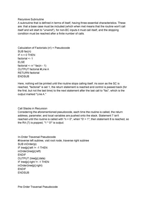 Section 8 Algorithms Notes Recursive Subroutine A Subroutine That