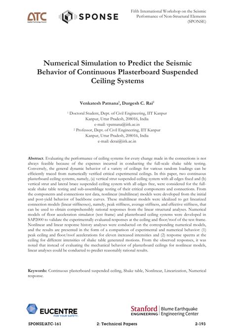 Pdf Numerical Simulation To Predict The Seismic Behavior Of Continuous Plasterboard Suspended