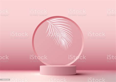 3d 현실적인 분홍색 연단은 원형 배경과 열대 야자수 잎이 있는 분홍색 배경에 받침대에 서 있다 0명에 대한 스톡 벡터 아트 및 기타 이미지 Istock