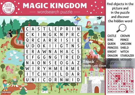 아이들을위한 벡터 동화 단어 검색 퍼즐 아이들을위한 판타지 생물과 간단한 마법의 왕국 크로스 워드 워드 퍼즐 기사 성 공주 유니콘과 활동 동화 크로스 워드 가공의 인물에