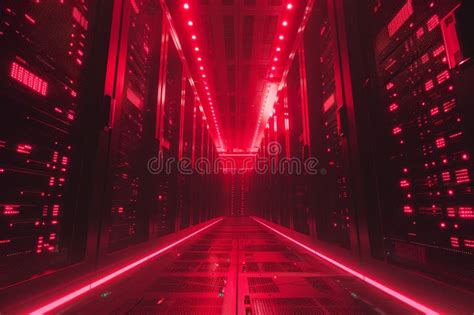 Shot Of Data Center With Multiple Rows Of Fully Operational Server