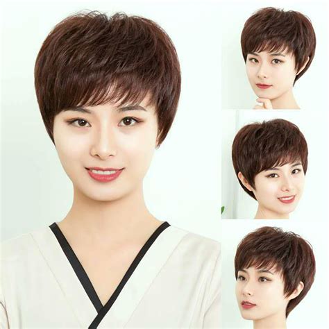 วิกผมหญิงผมสั้นเต็มหัวเหมือนจริงทั้งด้านบนสั้นตรงผมวัยกลางคนและผู้สูงอายุวิกผมชุดที่จะส่งแม่