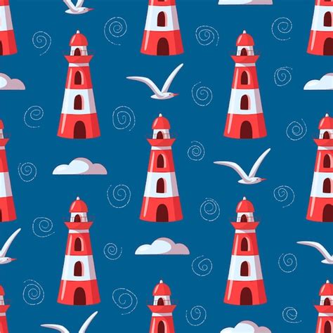 등대 갈매기와 파란색 배경에 구름과 원활한 패턴 프리미엄 벡터
