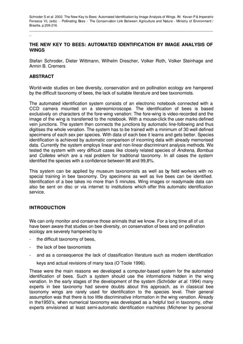 PDF THE NEW KEY TO BEES AUTOMATED IDENTIFICATION BY IMAGE ANALYSIS OF WINGS