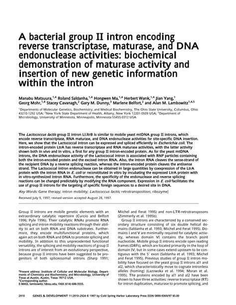 Pdf A Bacterial Group Ii Intron Encoding Reverse Transcriptase Maturase And Dna Endonuclease