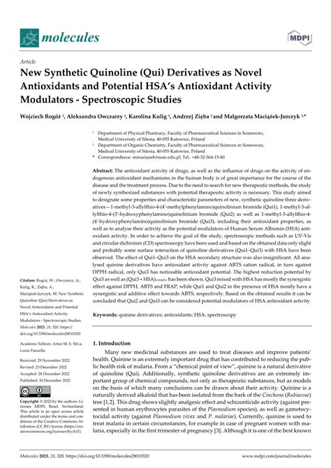 Pdf New Synthetic Quinoline Qui Derivatives As Novel Antioxidants