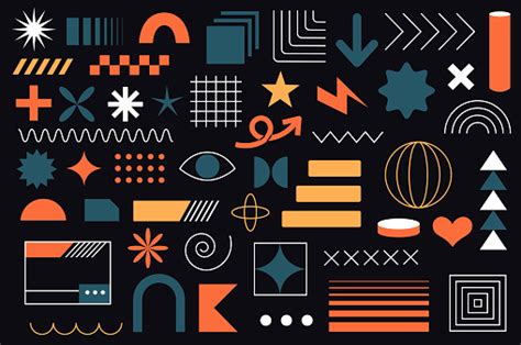 브루탈리즘 요소가 설정되어 있습니다 트렌디한 추상적인 디자인 평면 벡터 일러스트 레이 션 아이콘 컬렉션 기하학적 스티커 세트입니다 추상 미술 공간 간단한 로고 벡터입니다