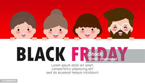 블랙 프라이데이 세일 이벤트 큰 표지판을 들고 있는 사람들의 쇼핑 컨셉 그룹 광고 포스터 배너 샵 빅 할인 프로모션 세일 이벤트 벡터 일러스트 가격에 대한 스톡 벡터 아트