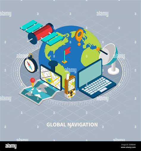 Global Navigation Concept With Satellite And Search Symbols On Grey Background Isometric Vector