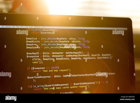 PHP Code Close Up Web Development Screen In Sunset Rays Stock Photo Alamy
