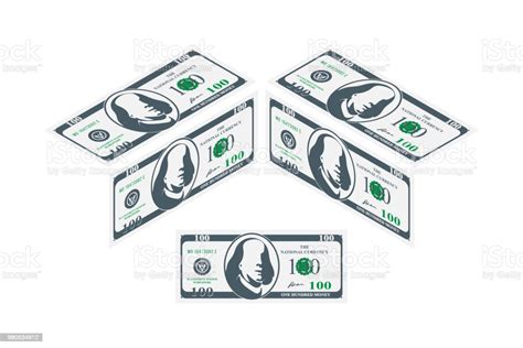아이소메트릭에 1 백 달러 지폐입니다 다른 각도에서 돈입니다 평면 벡터 일러스트 레이 션 Eps10 100에 대한 스톡 벡터