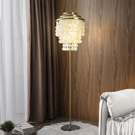 70 Coastal Tiered Capiz Seashell Floor Lamp In Antique Brass Finish