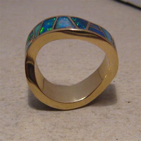Mens Inlaid Opal Ring Curved Wide Band 14k Gold 24 Opals Mens Opal