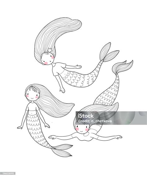 귀여운 만화 인어 사이렌 바다 테마 벡터 그림입니다 물고기 꼬리와 아름다운 만화 소녀 0명에 대한 스톡 벡터 아트 및 기타