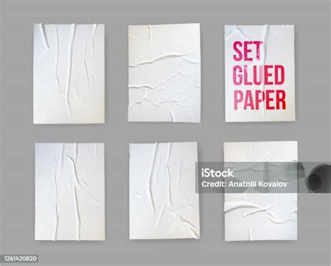 접착 종이 주름 효과 세트 심하게 젖은 붙어 있는 종이 나 회색 접착제 호일 구겨진 주름진 질감 사실적인 배경 벡터 그림입니다 흰색 배경에 격리 종이에 대한 스톡 벡터 아트