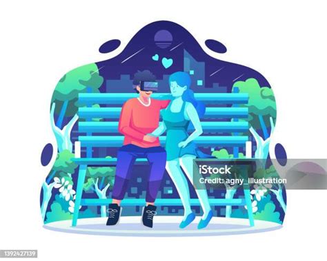 가상 데이트 개념 일러스트레이션 여성 캐릭터와 데이트 할 때 Vr 헤드셋을 착용 한 남자 공원에있는 가상 여성 평면 스타일 벡터 일러스트 레이 션 3차원 형태에 대한 스톡