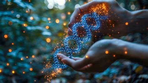 A Human Hand Holding A Glowing Digital Dna Helix Surrounded By Sparkling Particles A Futuristic