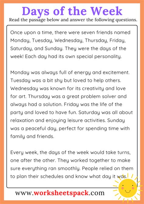Days Of The Week Reading Comprehension Passage Worksheetspack