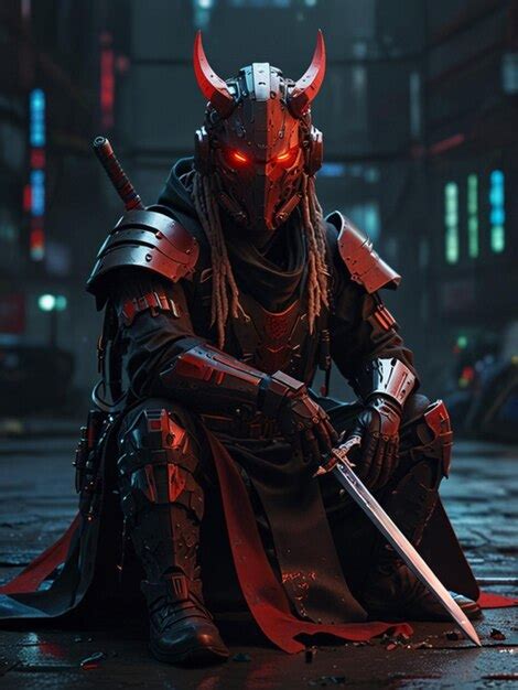 A Red And Black Demon Sitting On The Ground With Two Swords In Front Of