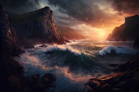 Beautiful Seascape With Ocean Waves At Sunset 3d Rendering Stock