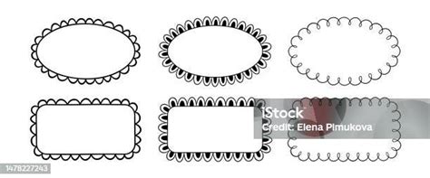 낙서 원과 사각형 가리비 프레임 손으로 그린 가리비 가장자리 사각형과 타원 모양 간단한 라벨 양식 플라워 실루엣 레이스 프레임 흰색 배경에 격리된 벡터 그림 가리비에 대한