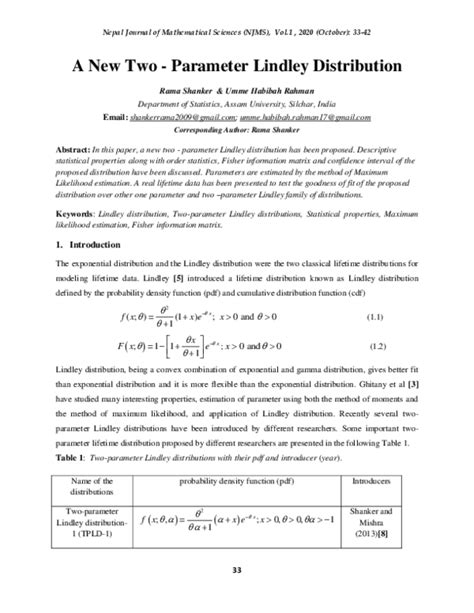 Pdf A New Two Parameter Lindley Distribution