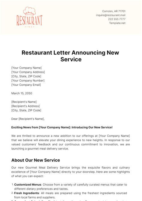 Free Restaurant Letter Announcing New Service Template To Edit Online