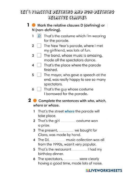 Defining And Non Defining Relative Clauses Online Exercise For Live