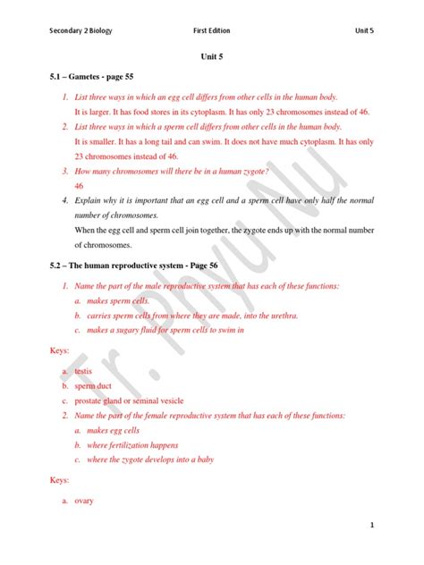 S 2 Unit 5 Course Book Work Book Ques And Keys Pdf Fertilisation
