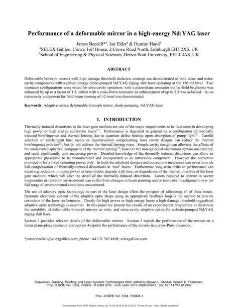 Pdf Performance Of A Deformable Mirror In A High Energy Nd Yag Laser