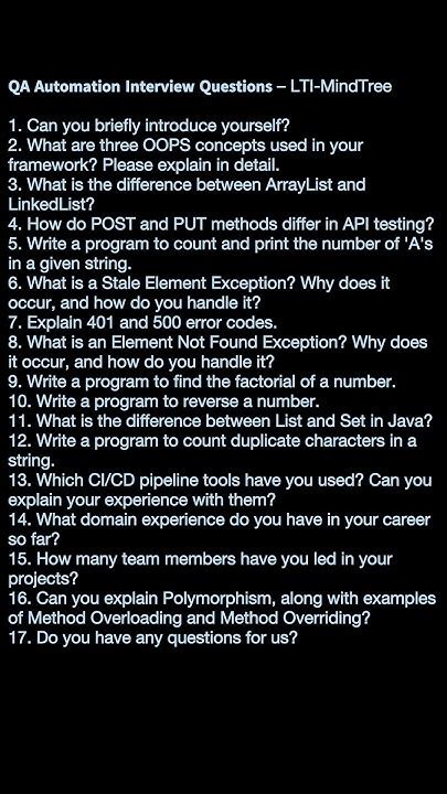 Latest Lti Mindtree Round 1 Interview Questions Asked For Automation Qa Java Sdetqa