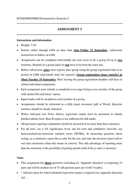 Assignment 3 Econometrics 2017 Semester 2 Ecom30002 90002