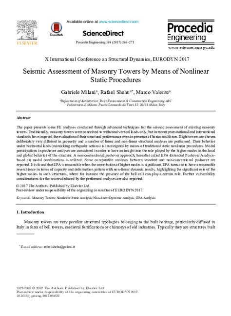 Pdf Seismic Assessment Of Masonry Towers By Means Of Nonlinear Static